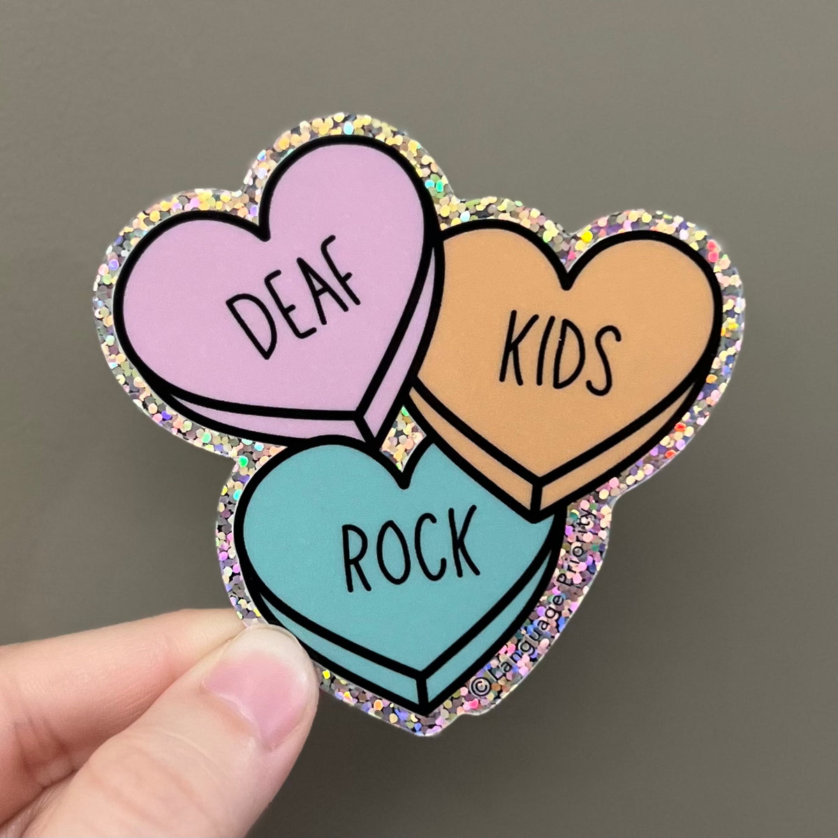 Deaf Kids Rock (Candy Hearts) Sticker – Language Priority